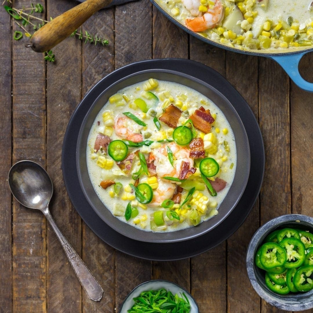 Smoky and Creamy Corn Chowder with Shrimp - Nerds with Knives