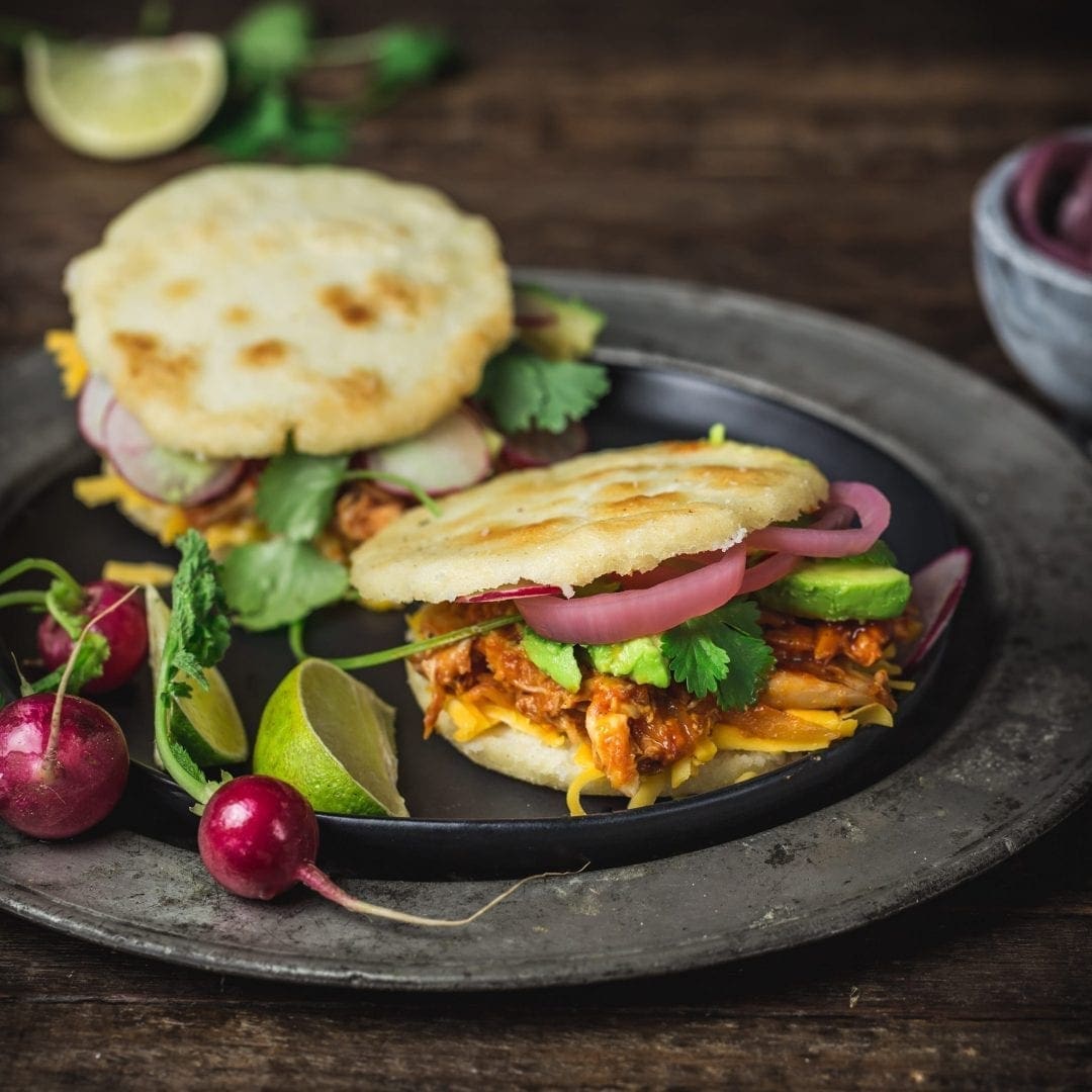 Arepas with Pulled BBQ Chicken, Cheddar, Pickled Onions and Avocado